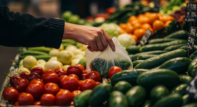 Customer Purchasing Vegetables with Plastic Bag Stock Photo - Image of ...