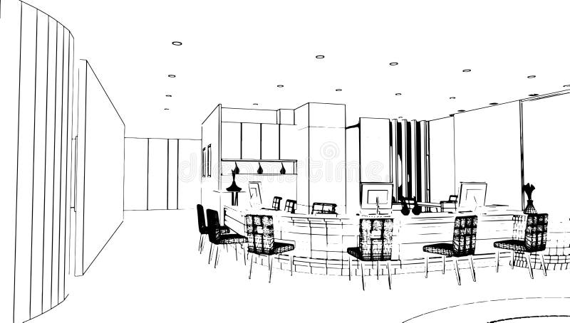 Sketch Interior Perspective Reception Black White Interior Design Stock ...