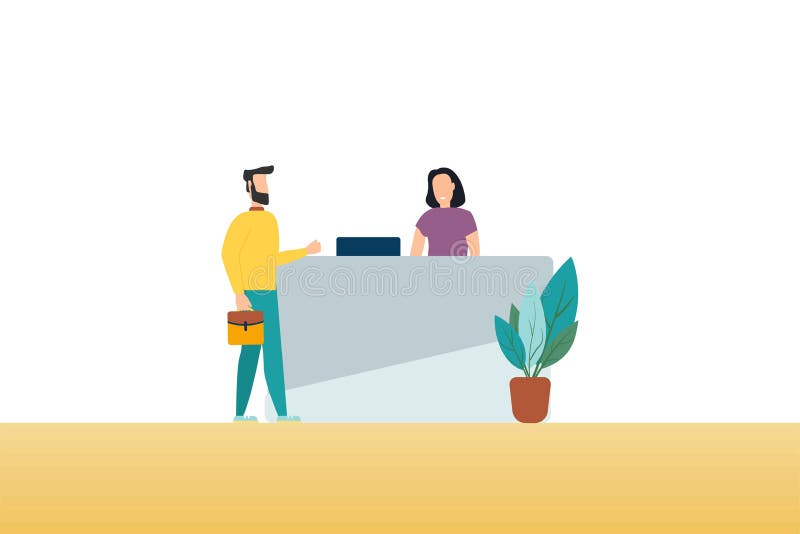 Customer at Reception. Young Woman Receptionist Standing at Reception ...