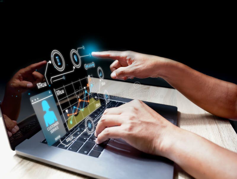 Customer Relationship Management, Businessman Use Computer with Global ...