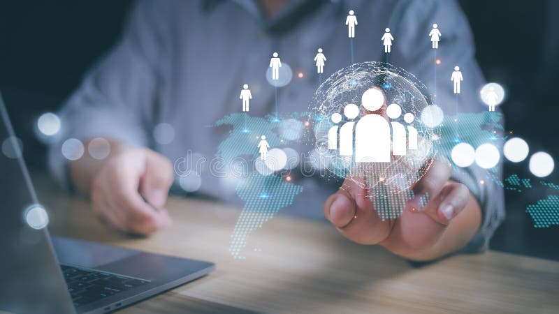 Customer Relationship Management, Businessman Use Computer with Global ...