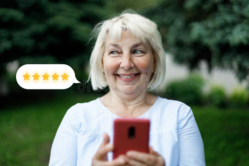 Excellent. Person Using Mobile Phone with Icon Five Star Symbol To ... Excellent. Person Using Mobile Phone with Icon Five Star Symbol To ...