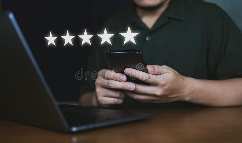 Customer Review Good Rating Concept, Hand Pressing Five Star on Visual ...
