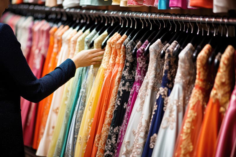 Customer S Hand Choosing an Evening Dress in a Store Stock Photo ...