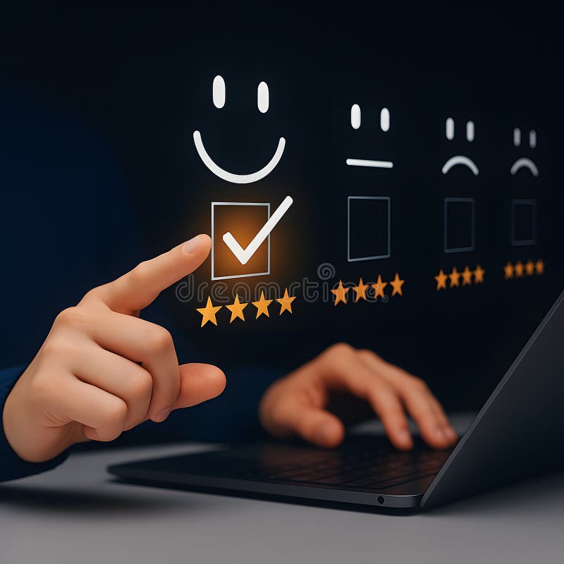 Customer Satisfaction Concept with a Smiling Face and Five Star Rating ...