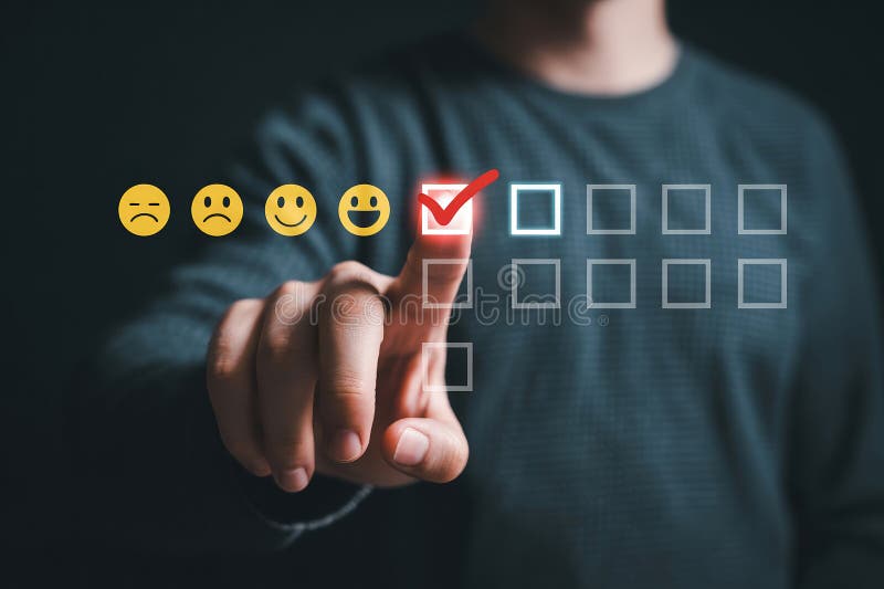 Customer Satisfaction Survey with Hand Touching Happy Face on Digital ...