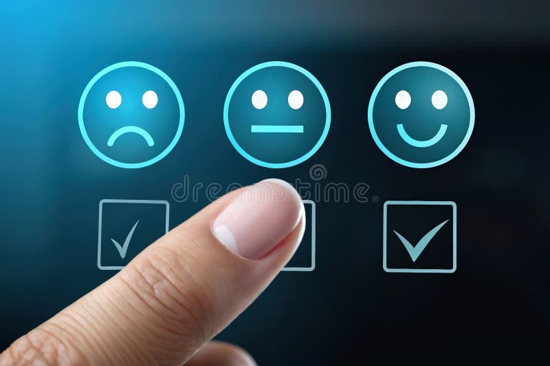 Customer Satisfaction Survey Interface with Glowing Emoticons and Checkmarks on a Touchscreen ...