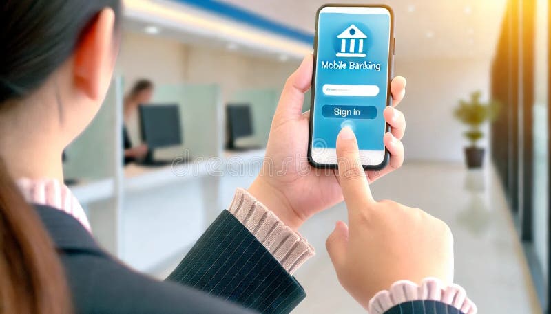 Customer Using Mobile Banking App on Smartphone with Sign-in Screen ...