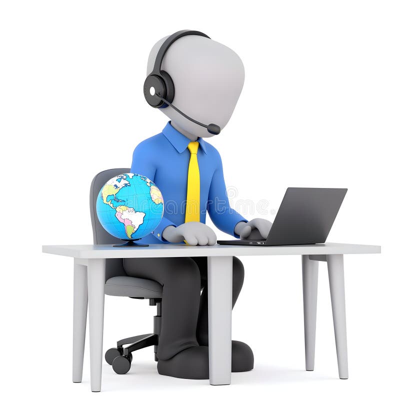Customer Service Agent with Headset Working on Laptop and Globe on Desk ...