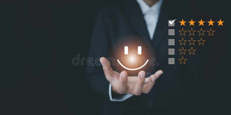 Customer Service Assessment Concept. Businessman Holding Smiley Face ... Customer Service Assessment Concept. Businessman Holding Smiley Face ...
