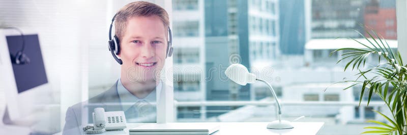 Customer Service Assistant with Headsets with Bright Office Background ...