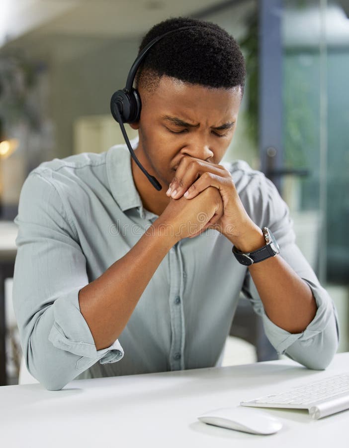 Customer Service, Call Center and Black Man with Stress for Burnout ... Customer Service, Call Center and Black Man with Stress for Burnout ...