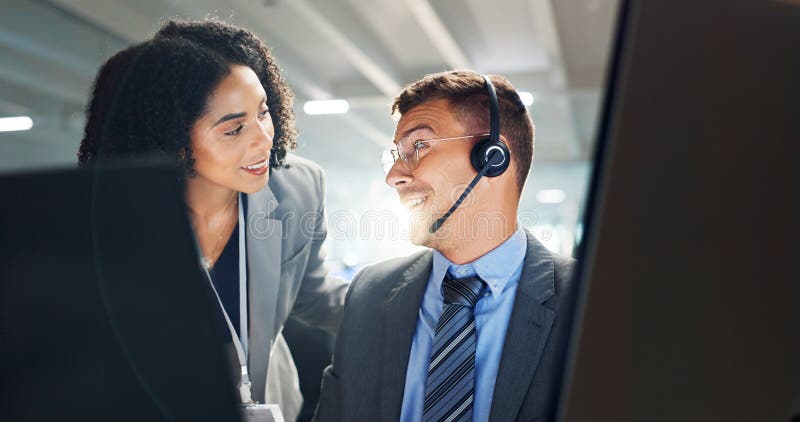 Customer Service, Call Center and Man with Manager on Computer for ...