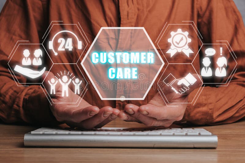 Person Hand Holding Customer Care Icon on Virtual Screen Stock Image ...