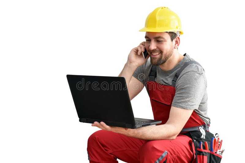 Customer Service Com Craftsmen - Workers with Telephone and Notebook on ...