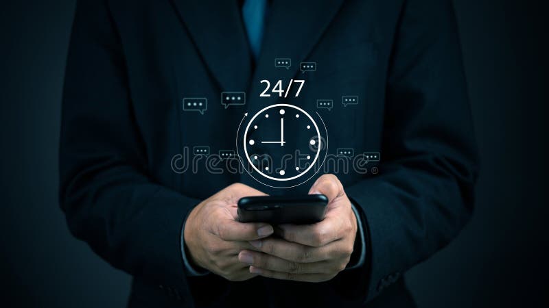 24 7 Customer Service Concept, with a Professional Using a Phone and ...