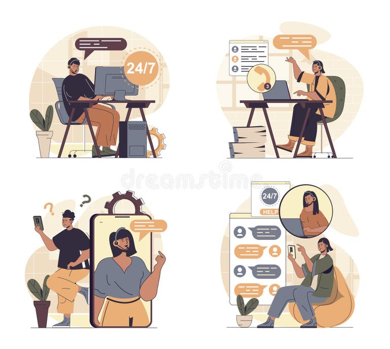 Customer Service Concept Scenes Set in Flat Web Design. People in ...