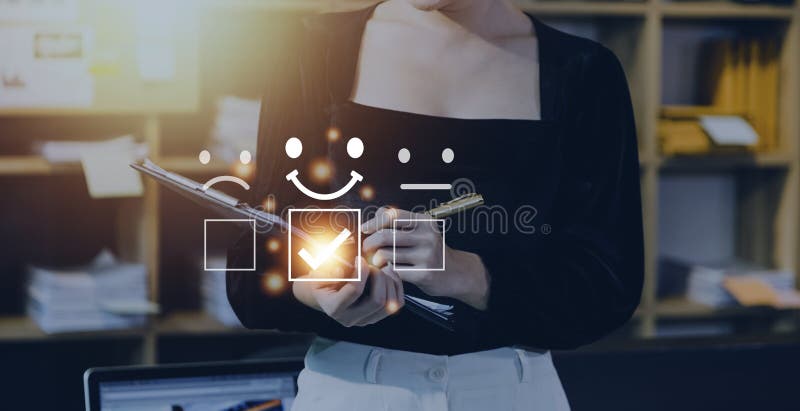 Customer Service Evaluation Concept. Businessman Pressing Face Smile ... Customer Service Evaluation Concept. Businessman Pressing Face Smile ...