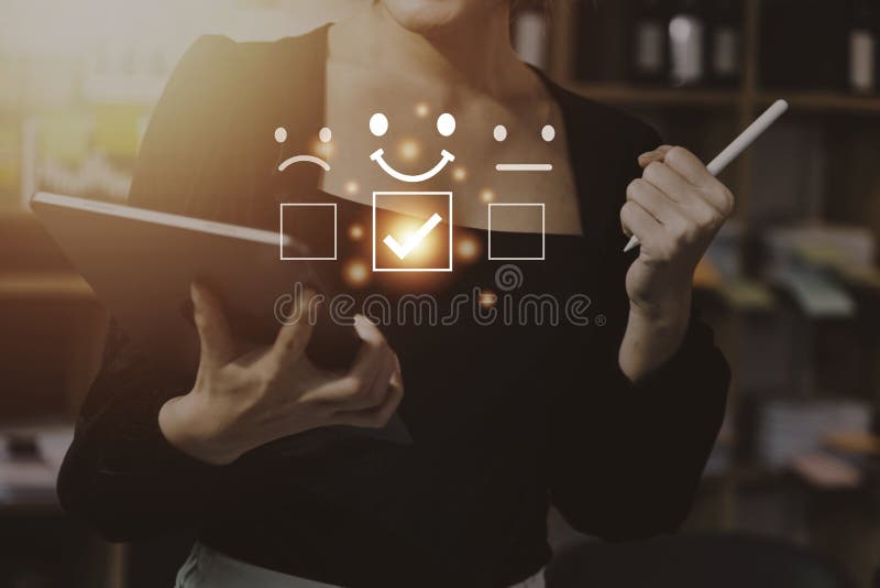Customer Service Evaluation Concept. Businessman Pressing Face Smile ... Customer Service Evaluation Concept. Businessman Pressing Face Smile ...