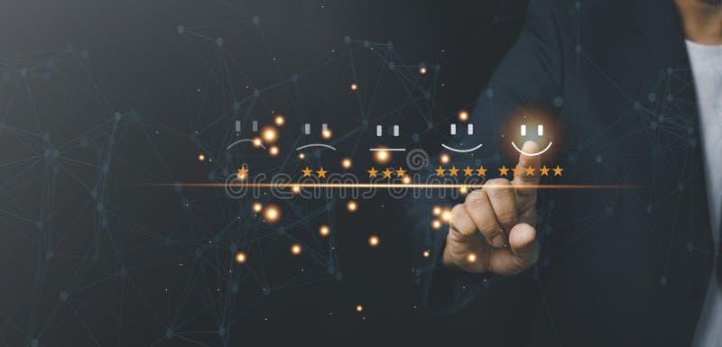 Businessman Pressing Smiley Face Emotion on Virtual Touch Screen Stock ...