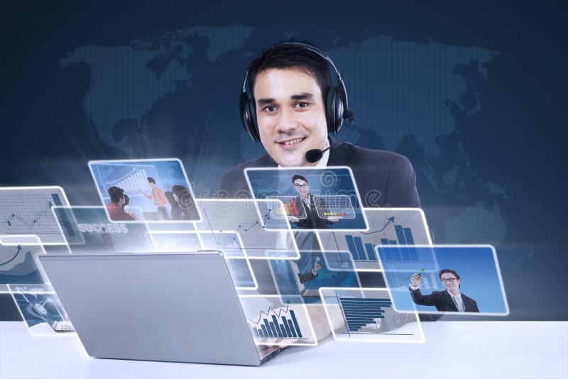 Customer Service with Internet Online on Blue Stock Image - Image of ...