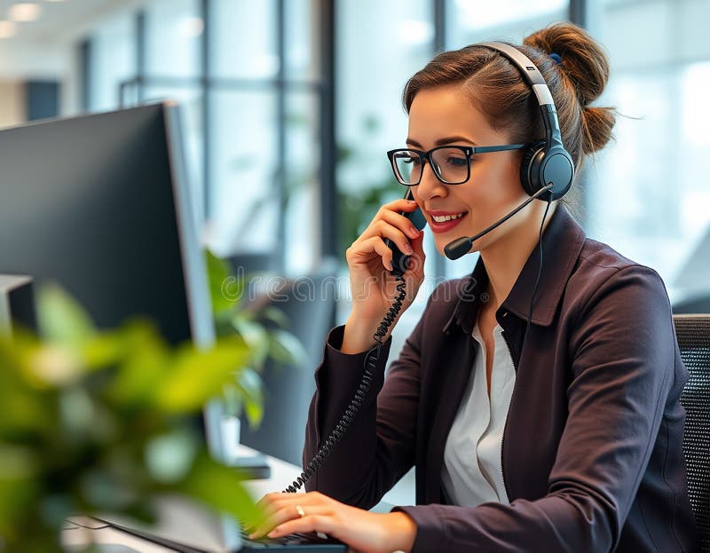 Customer Service Operator Talking on Phone in Office Providing Support ...