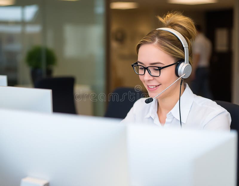 Customer Service Operator Talking on Phone in Office Providing Support ...