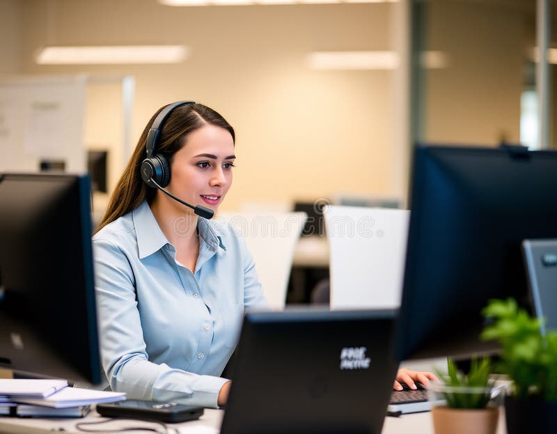 Customer Service Operator Talking on Phone in Office Providing Support ...