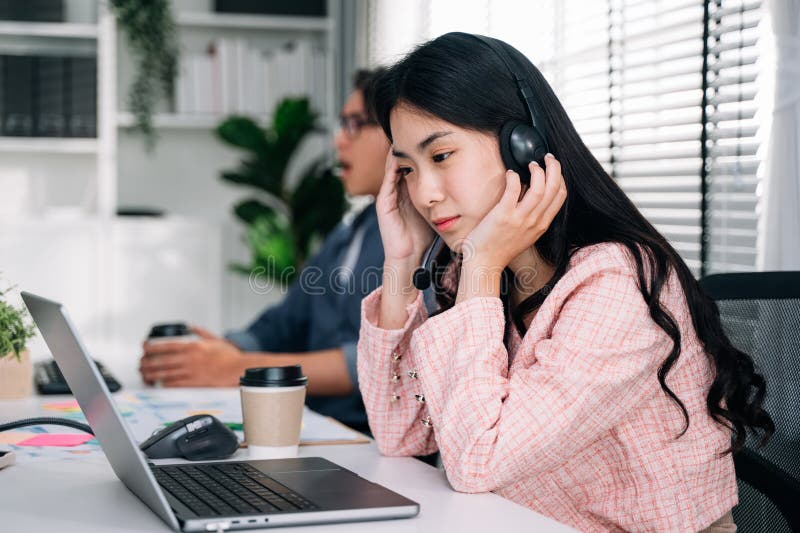 Customer Service Operator with Headsets Working at Call Centre Stock ...