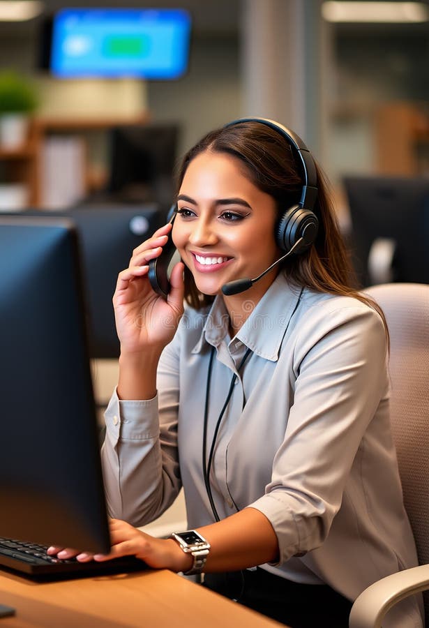 Customer Service Operator Talking on Phone in Office Providing Support ...