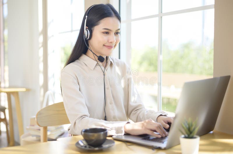 Customer Service Operator Muslim Woman in Suit Wearing Headset Over ...