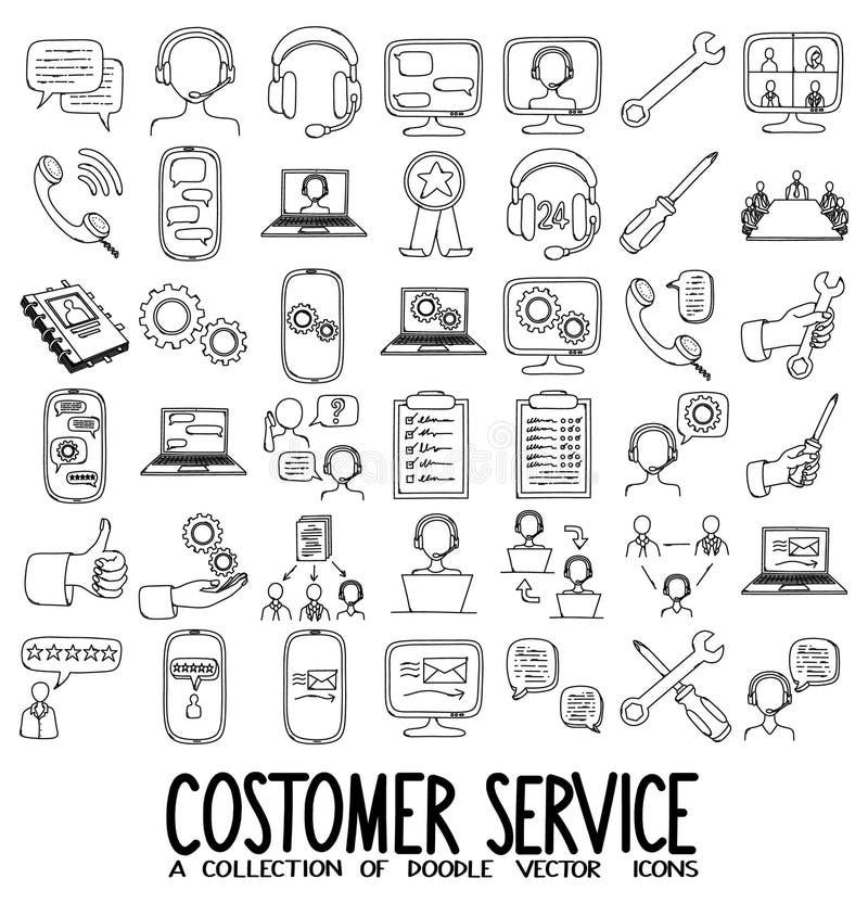 Customer Service Related Doodle Vector Icon Set. Drawing Sketch ...