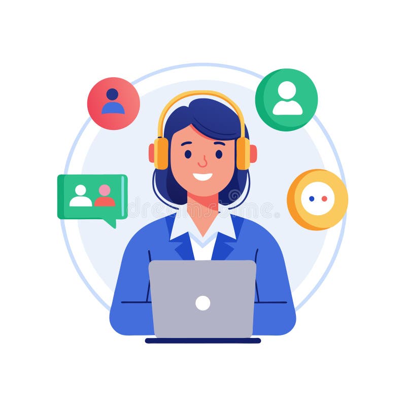 Customer Service Representative with Headset Using Laptop Surrounded by ...