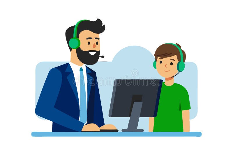 A Customer Service Representative Working at a Computer with a Child ...