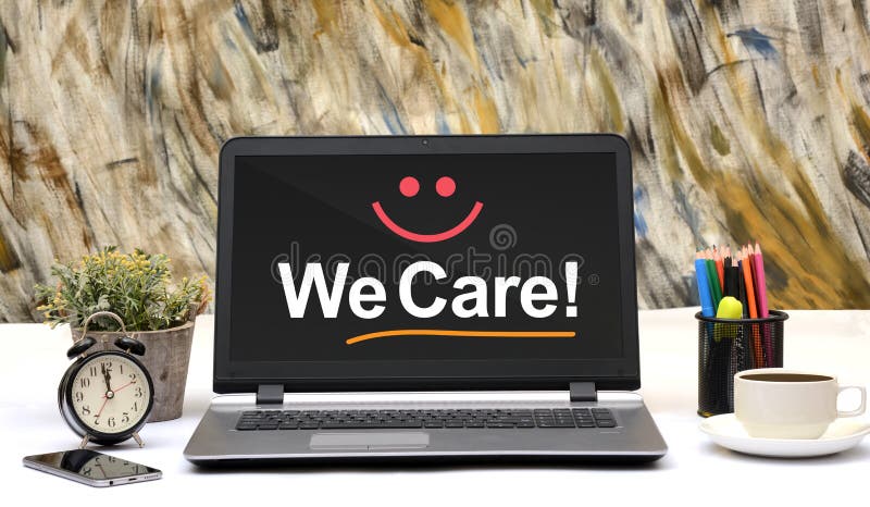 Customer Service Sign we Care on Laptop Screen Stock Photo - Image of ...