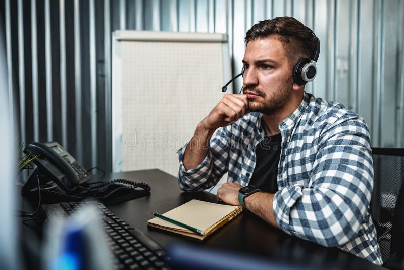 Customer Service Support Operator Man with Headphones and Microphone ...