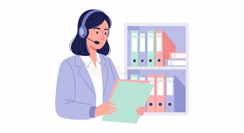 Customer Service Woman with Headset and Documents Stands Near Shelving ...