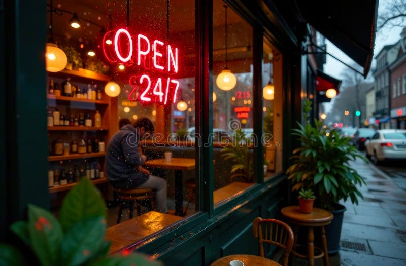 A Customer Sits Alone at a Table Inside a Cafe, Illuminated by Warm ...