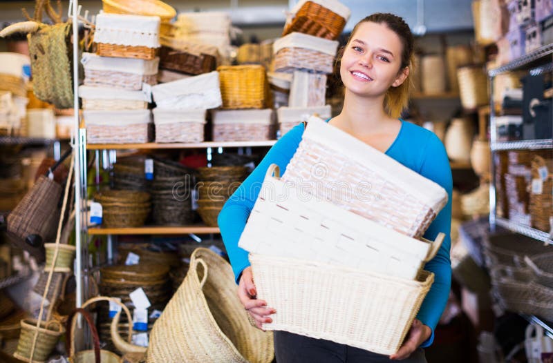 Customer Standing with Wicker Basket Stock Photo - Image of items ...