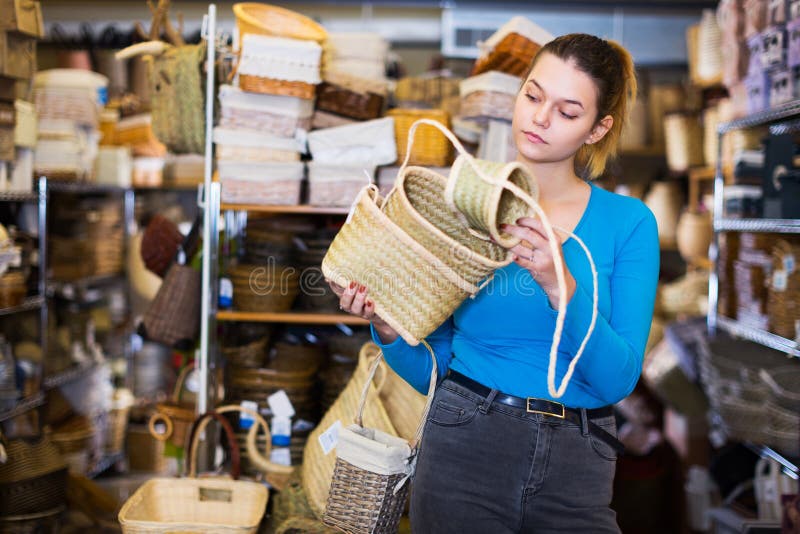 Customer Standing with Wicker Basket Stock Photo - Image of young ...