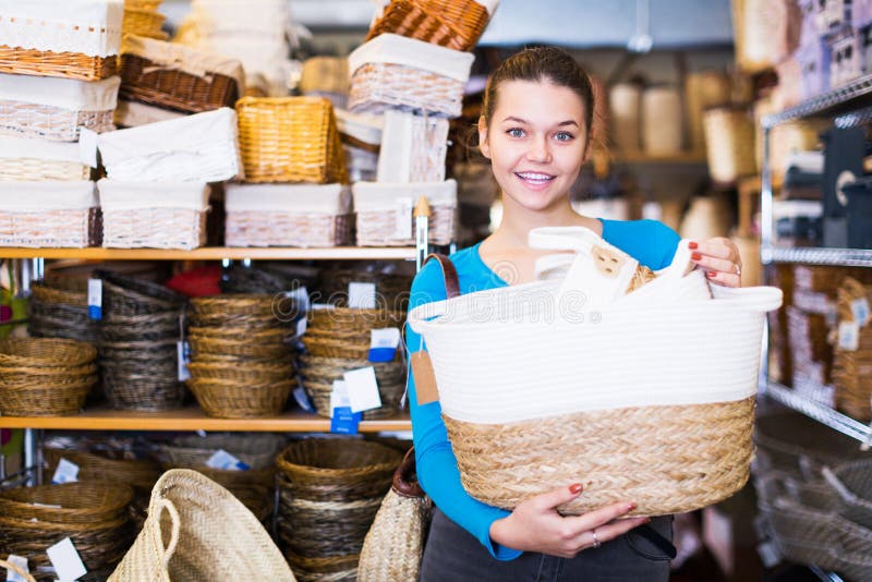 Customer Standing with Wicker Basket Stock Photo - Image of person ...