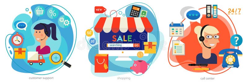 Customer Support, Call Center and Online Shopping Concept Banners ...