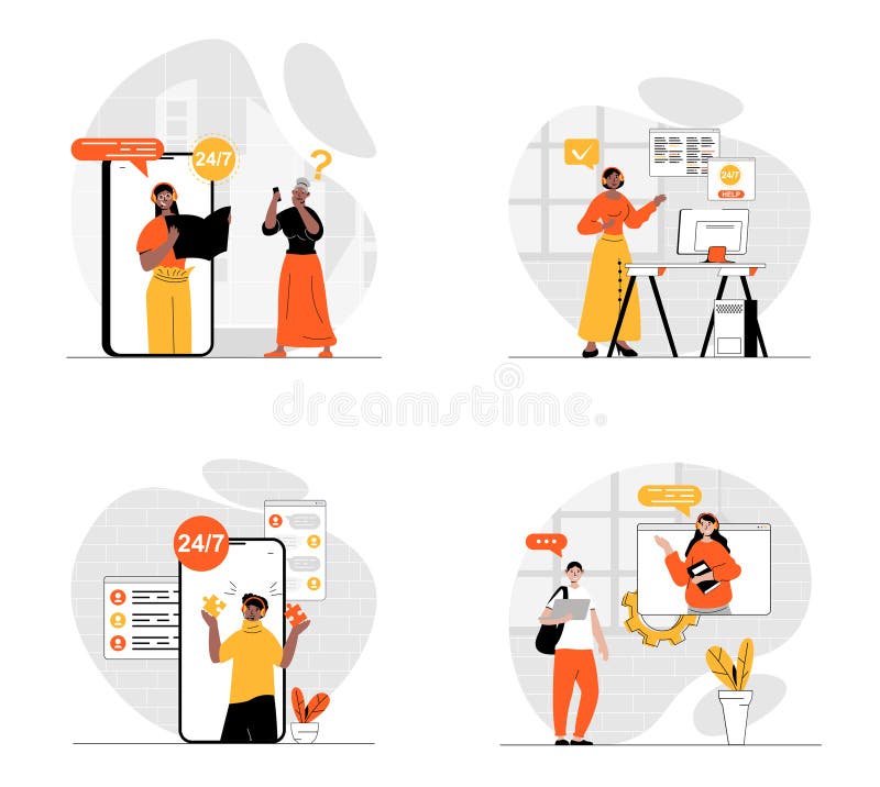 Customer Support Concept with Character Set. Vector Illustrations Stock ...