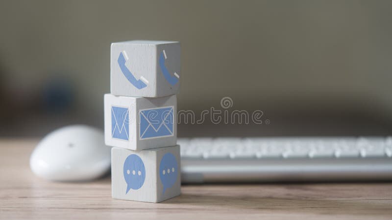 Customer Support Concept. Stack Wood Block with Icons of Contact ...
