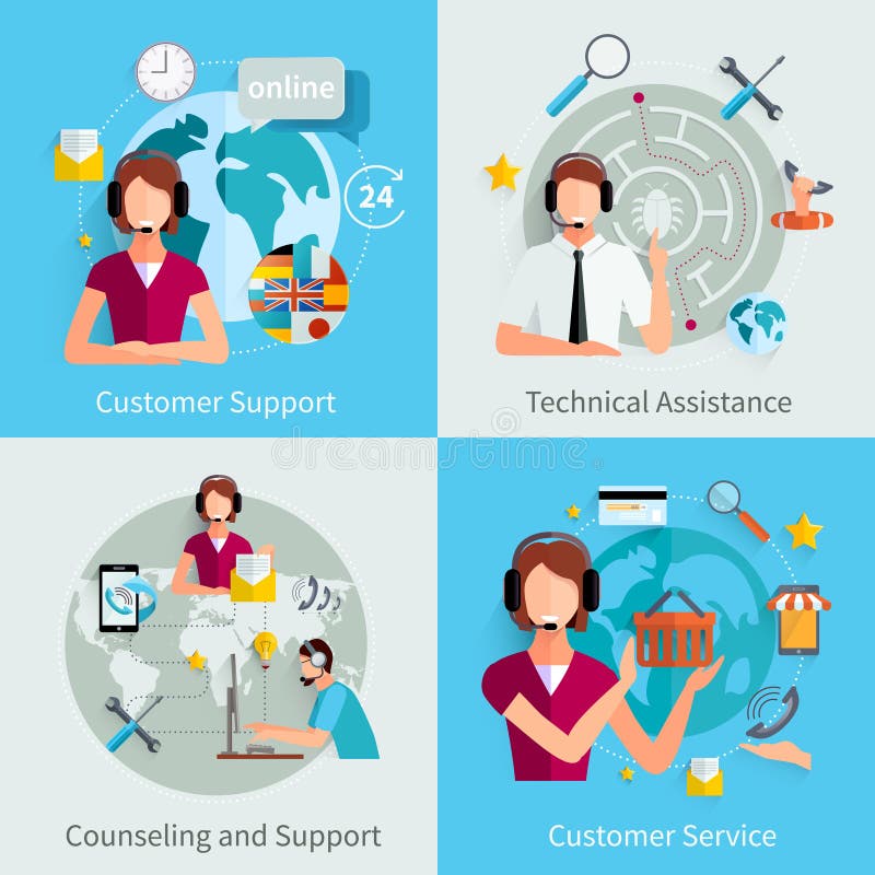 Customer Support 4 Flat Icons Square Stock Vector - Illustration of ...