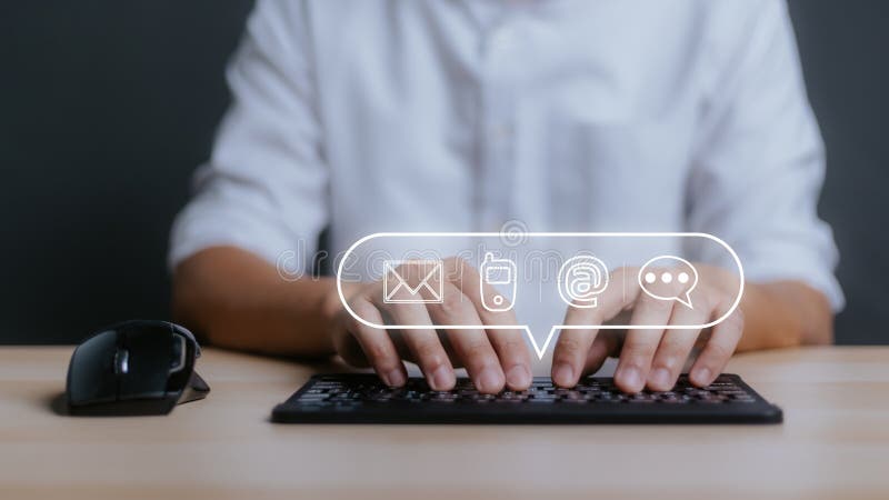 Businessman Using Computer Keyboard with the Email, Call Phone, Address ...
