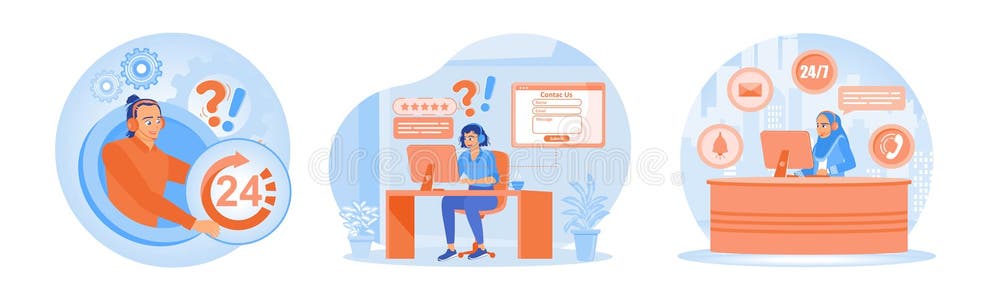 Customer Support Illustrations Depicting Communication, Service, and 24 ...