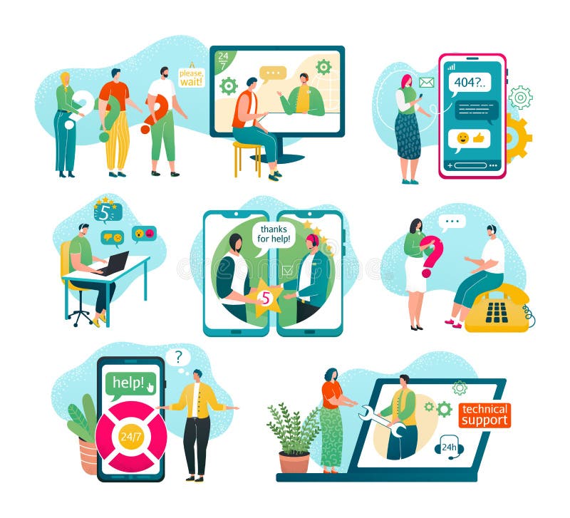 Customer Support Isolated on White Vector Illustrations Set. Service ...