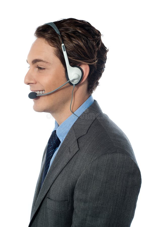Smiling Customer Service Employee in Profile with Headset on Stock ...
