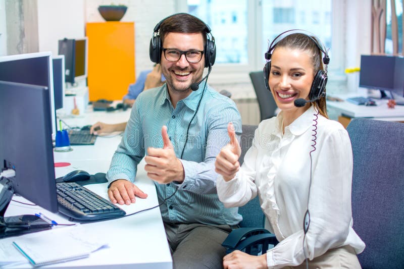 Customer Support Representative Operators Gesturing Approval Sign with ...